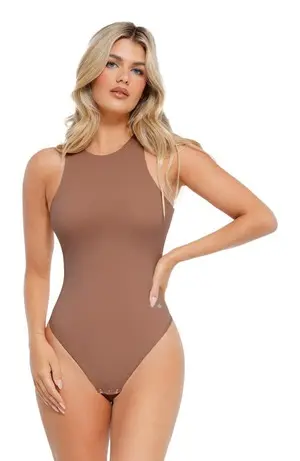 POPILUSH Popilush Cloudsense Sleeveless Cutaway Round Neck Bodysuit Camel