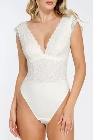 POPILUSH Sculpting Plunge Lace Bodysuit - Chalk