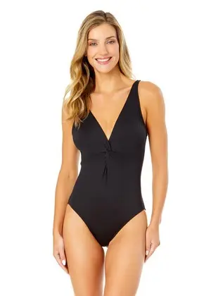 ANNE COLE Plunge Twist One Piece Swimsuit - Black