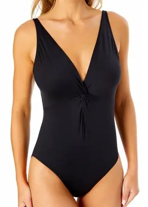 ANNE COLE Plunge Twist One Piece Swimsuit - Black