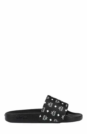 Mcm Monogram Print Rubber Slides - Black