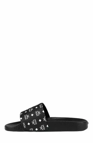 Mcm Monogram Print Rubber Slides - Black