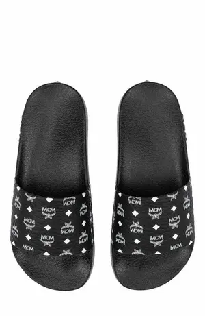 Mcm Monogram Print Rubber Slides - Black