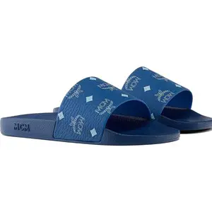 Mcm Monogram Print Rubber Slides Blue