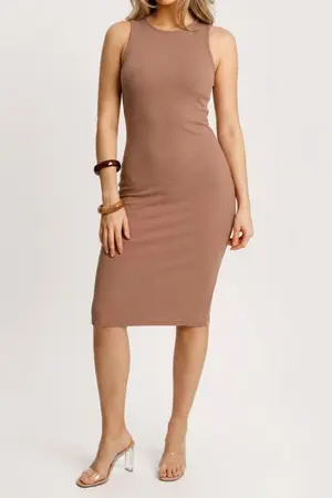 POPILUSH Shapewear Modal Tummy Control Midi Dress Camel