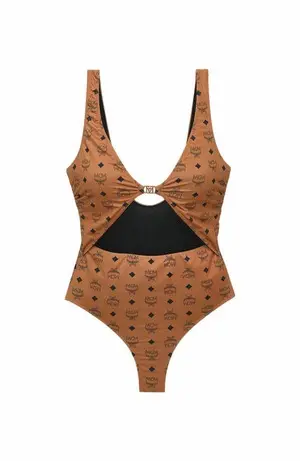 Mcm Monogram Print Swimsuit - Cognac