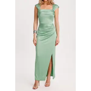 POPILUSH Liquid Metallic Off Shoulder Maxi Shapewear Dress - Pine