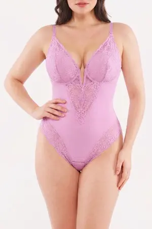 POPILUSH Lace Deep V-neck Thong Bodysuit - Blush