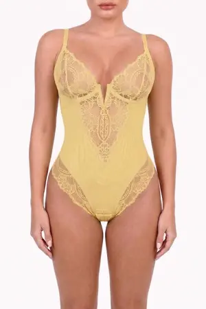 POPILUSH Lace Deep V-neck Thong Bodysuit - Corn
