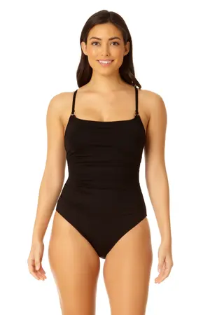 ANNE COLE Shirred Lingerie Maillot One Piece Black