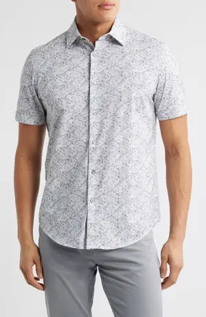 Bugatchi Miles Ooohcotton® Abstract Print Short Sleeve Button-up Shirt Platinum