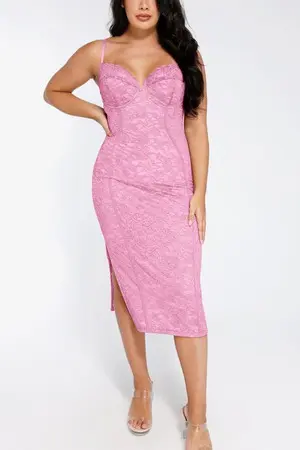 POPILUSH Shapewear All-lace Hourglass Corset Side Slit Midi Dress - Blush