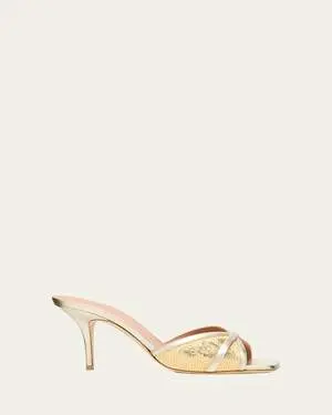 MALONE SOULIERS Perla Raffia Metallic Stiletto Slide Sandals - Beige