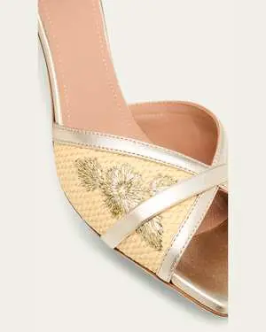 MALONE SOULIERS Perla Raffia Metallic Stiletto Slide Sandals - Beige