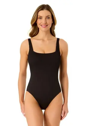 ANNE COLE Textured Square Neck One Piece Swimsuit - Black