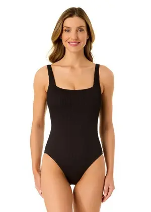ANNE COLE Textured Square Neck One Piece Swimsuit - Black
