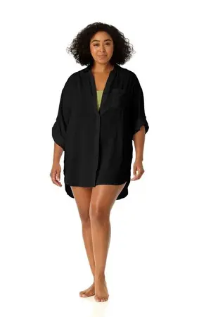 ANNE COLE Plus Button Down Cover Up Shirt - Black