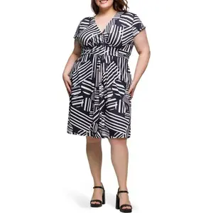 24SEVEN COMFORT APPAREL Stripe Geometric Print Dress - Black Multi