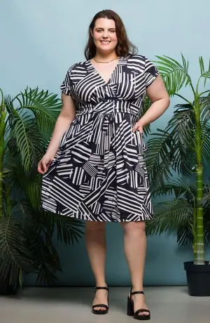 24SEVEN COMFORT APPAREL Stripe Geometric Print Dress - Black Multi