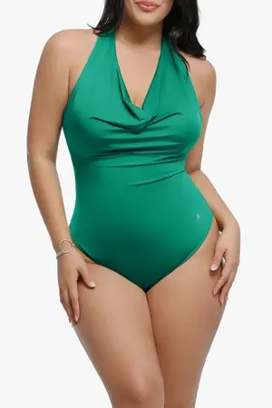 POPILUSH Shapewear Cowl Neck Halter Bodysuit - Leaf Green