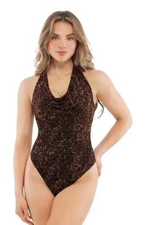 POPILUSH Shapewear Cowl Neck Halter Bodysuit - Leopard
