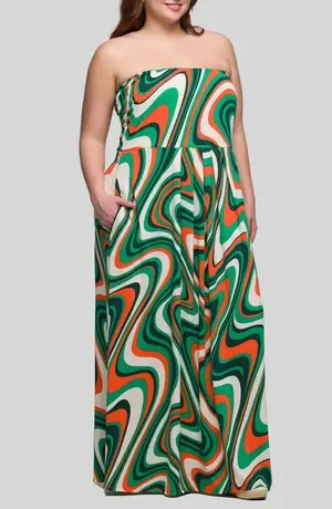 24SEVEN COMFORT APPAREL Print Strapless Maxi Dress - Green Multi