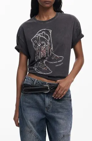 Desigual Embellished Cowboy Boot Graphic T-shirt