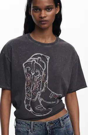 Desigual Embellished Cowboy Boot Graphic T-shirt