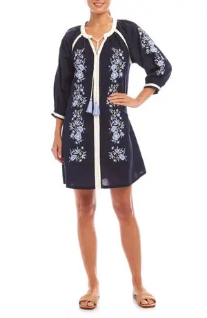 Karen Kane Embroidered Floral Peasant Dress - Navy