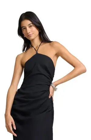 Onia Air Linen Ruched Halter Dress - Black