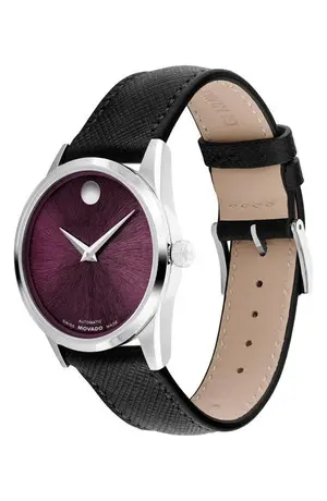 Movado Museum Classic Automatic Leather Strap Watch - Purple/ Black