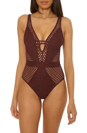 BECCA® By Rebecca Virtue Castaway Fishnet Plunge One-piece Swimsuit - Brown
