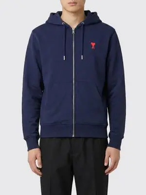 AMI Paris Full Zip Hoodie With Embroidered Logo - Blue