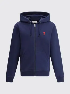 AMI Paris Full Zip Hoodie With Embroidered Logo - Blue