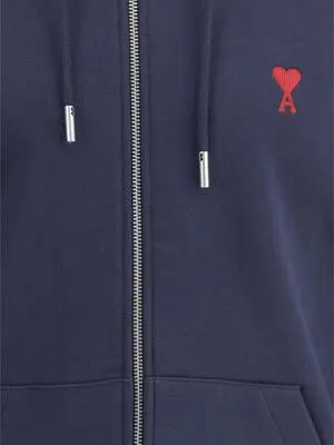 AMI Paris Full Zip Hoodie With Embroidered Logo - Blue