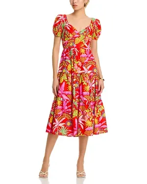 Aqua Floral Cutout Tie-back Midi Dress - Red Multi