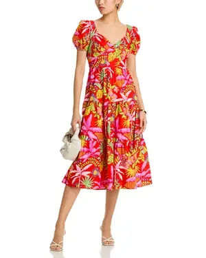 Aqua Floral Cutout Tie-back Midi Dress