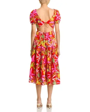 Aqua Floral Cutout Tie-back Midi Dress