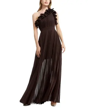 Dress The Population Vida Asymmetric Pleated Gown - Mocha