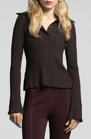 WEEKEND LOS ANGELES Marisa Ribbed Polo Sweater - Espresso