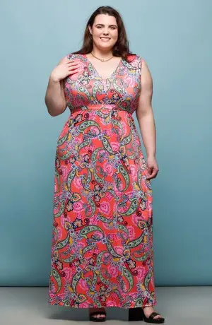 24SEVEN COMFORT APPAREL Sleeveless Maxi Dress - Coral Multi