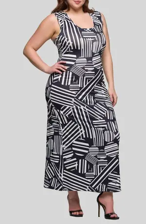 24SEVEN COMFORT APPAREL Mixed Geometric Print Knit Maxi Dress