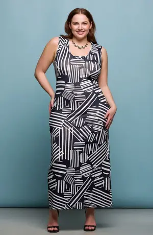 24SEVEN COMFORT APPAREL Mixed Geometric Print Knit Maxi Dress