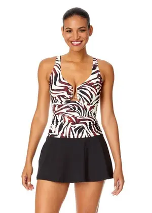 ANNE COLE Ring Front Tankini Swim Top - Tiger Dance