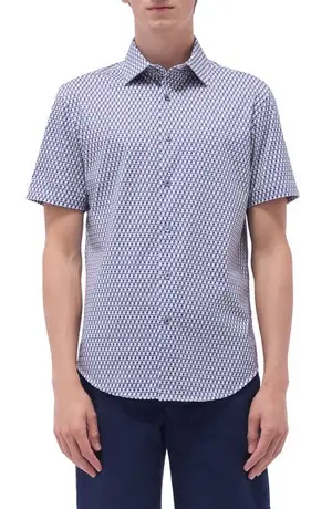 Bugatchi Miles Ooohcotton® Geo Print Short Sleeve Button-up Shirt - Graphite