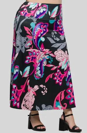 24SEVEN COMFORT APPAREL Pull-on Printed Maxi Skirt - Pink Multi