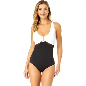 ANNE COLE Mesh Insert One Piece Swimsuit - Black & White