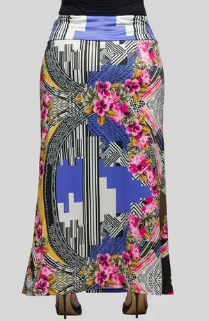 24SEVEN COMFORT APPAREL Print Maxi Skirt - Blue Multi