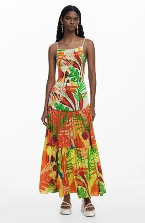 Desigual Smocked Bodice Tiered Maxi Dress