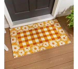 PLOW & HEARTH Hand Hooked Floral Check Doormat
